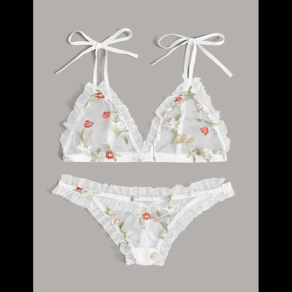 Intimates & Sleepwear | White Frilly Sheer Floral Lingerie Set | Poshmark